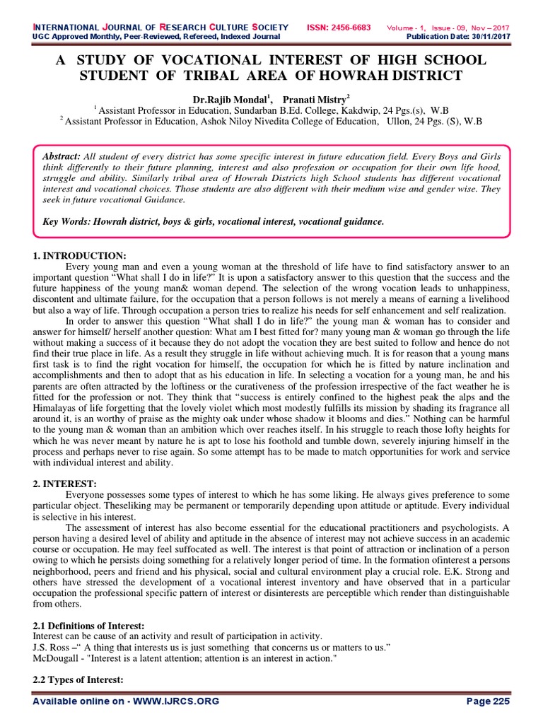 A Study of Vocational Interest of High School Student of Tribal Area of ...