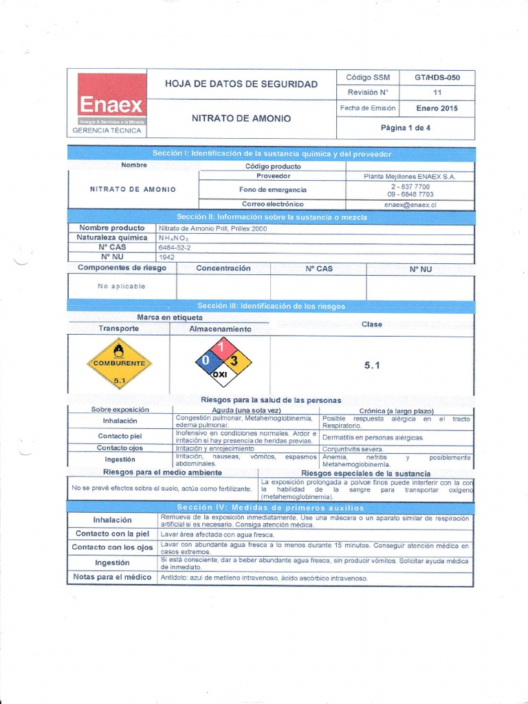 MSDS Nitrato de Amonio ENAEX Enero 2015 | PDF | Residuos | Agua