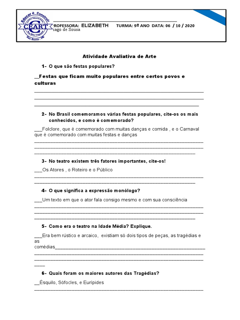 Atividade 9° Ano | PDF