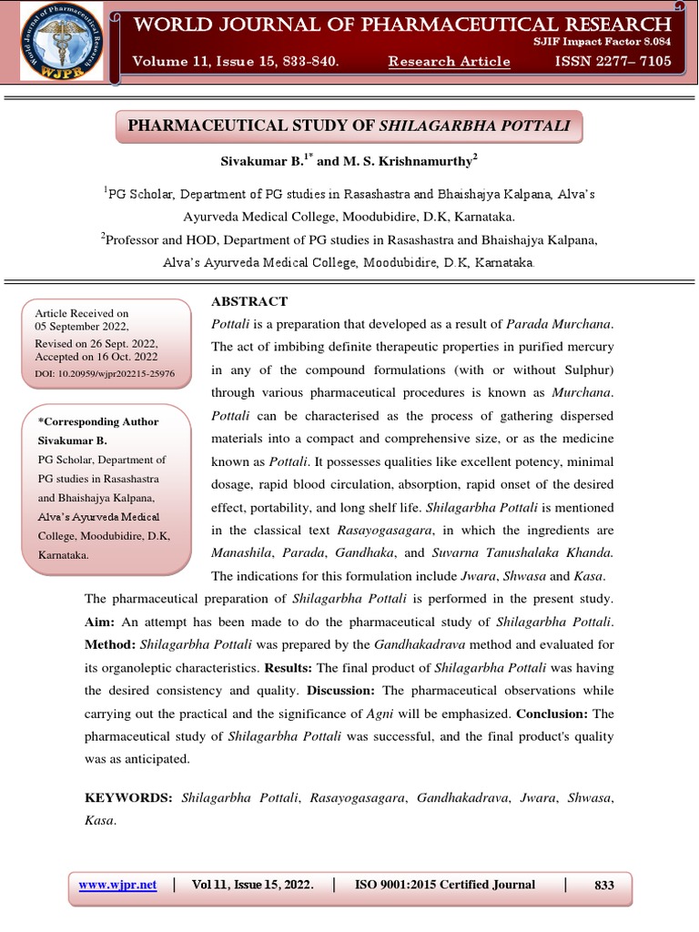 Pharmaceutical Study of Shilagarbha Pottali | PDF | Respiratory Tract ...