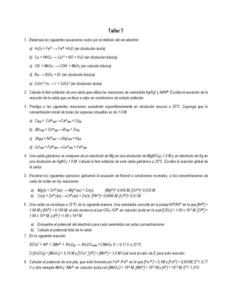 Taller 7 | PDF | Química | Ingeniería de Procesos Químicos