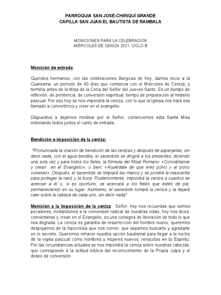 Moniciones Miercoles de Ceniza 2021 | PDF | Misa (liturgia) | Prestado