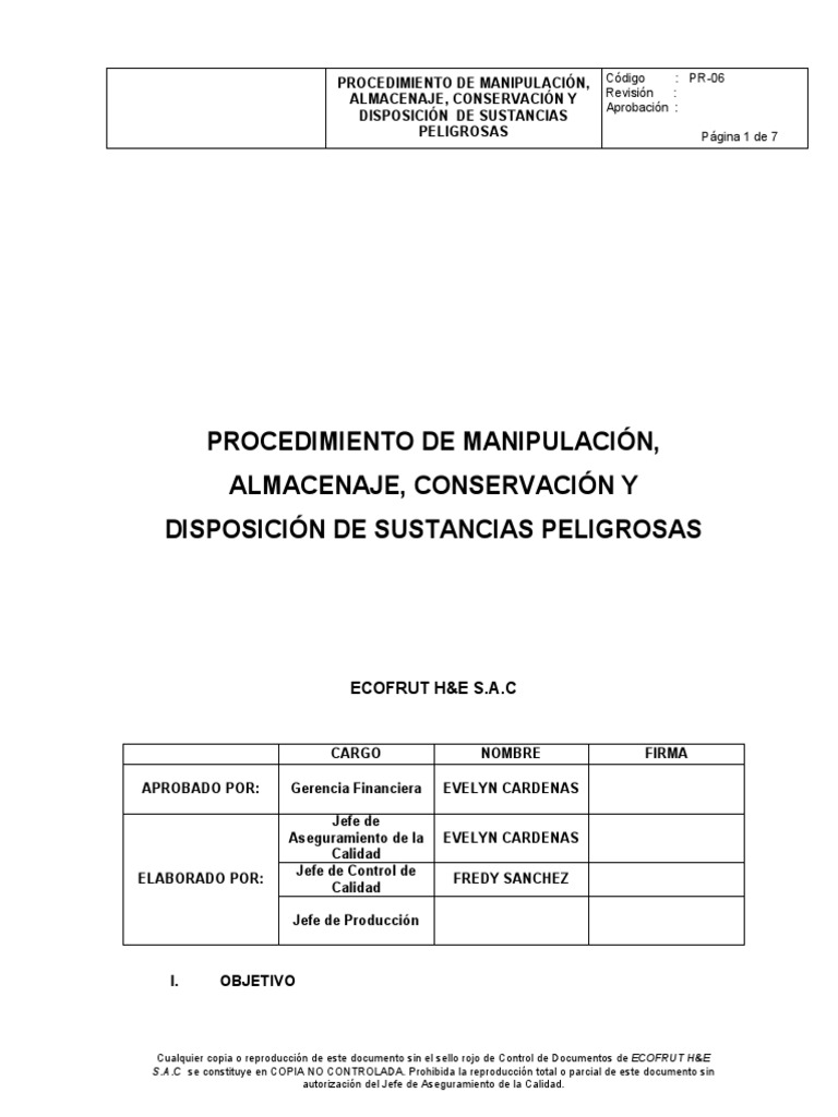 Procedimiento Manipulación Sustancias Peligrosas | PDF | Alimentos | Tratamiento de aguas residuales