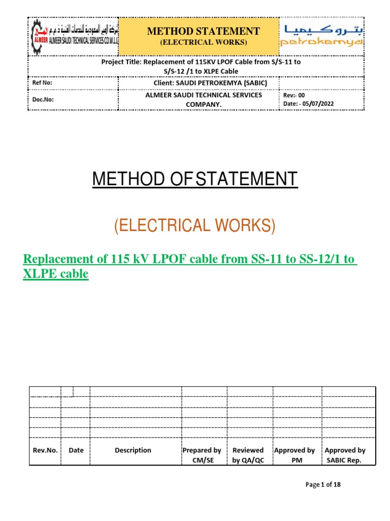 Method of Statement: (Electrical Works) | PDF