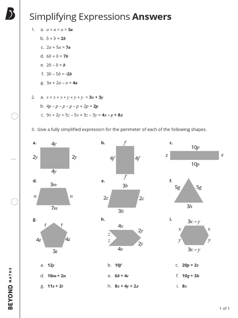 Simplifying Expressions Worksheet - Answers | PDF
