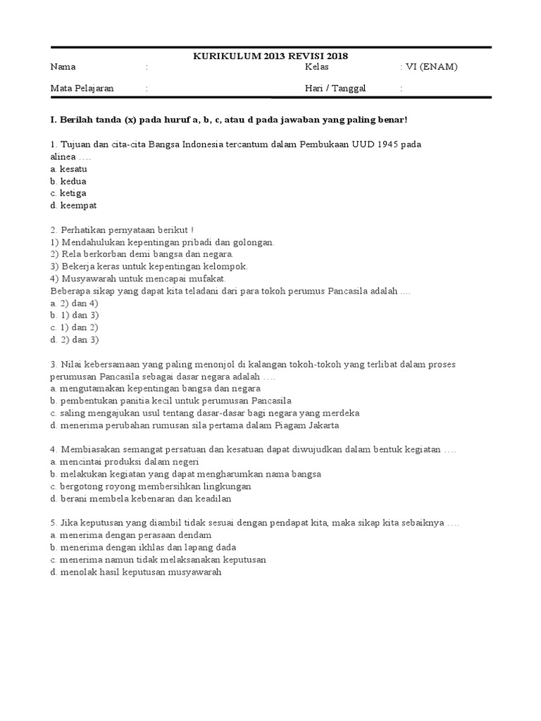 Soal Pas PPKN Kelas 6 SDN 1 Sumber Rejo | PDF