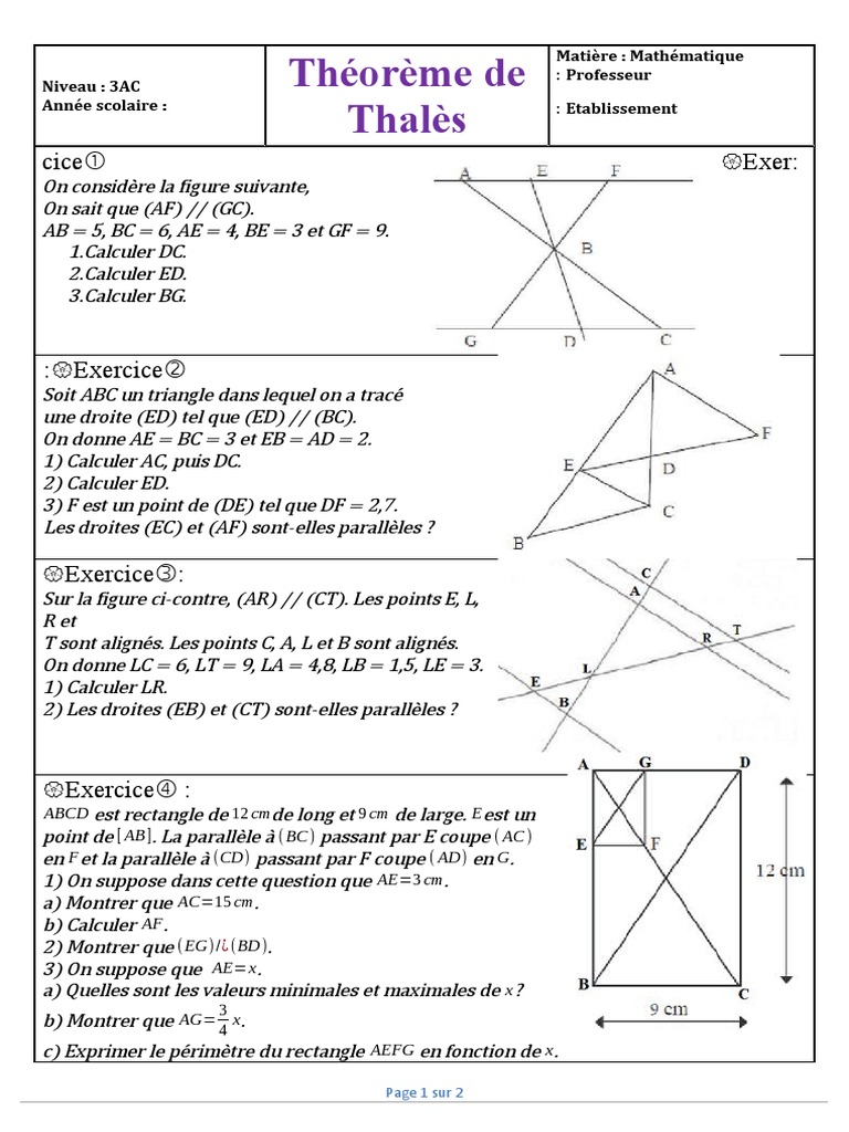 Theoreme de Thales Serie Dexercices Maths 3AC Word 1 | PDF