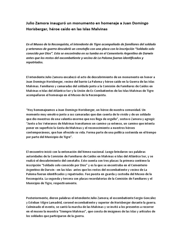Homenaje a Juan Domingo Horisberger en Tigre | PDF | Militar | Guerra