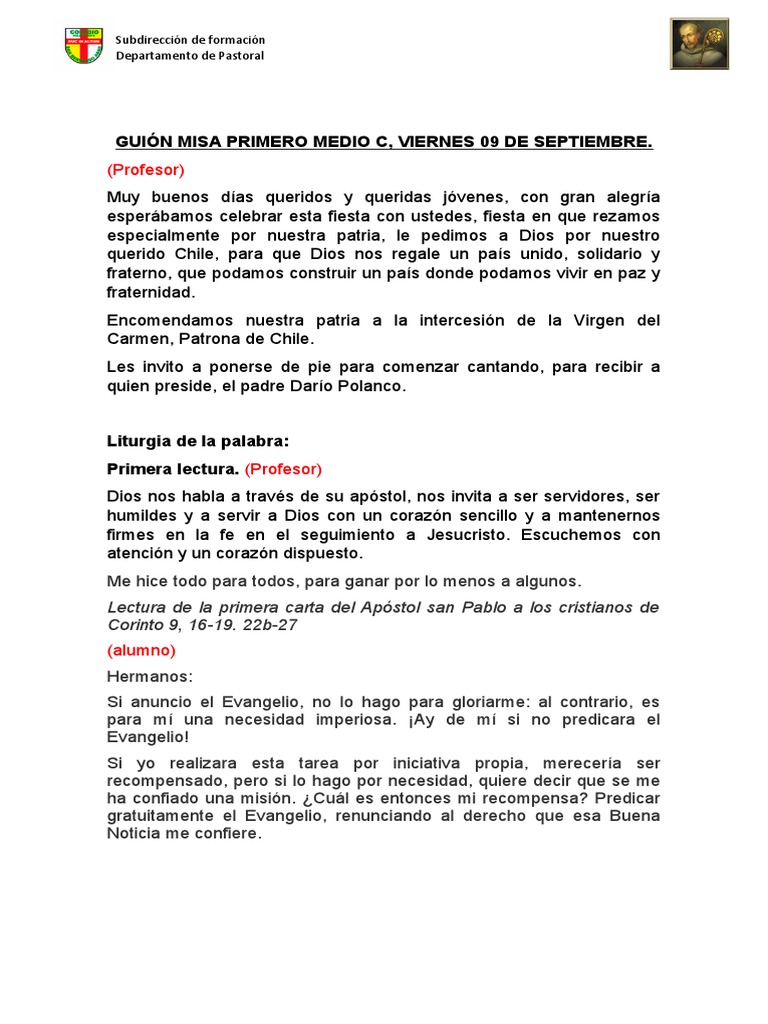 Guion Misa I MEDIO C 09 Septiembre | PDF