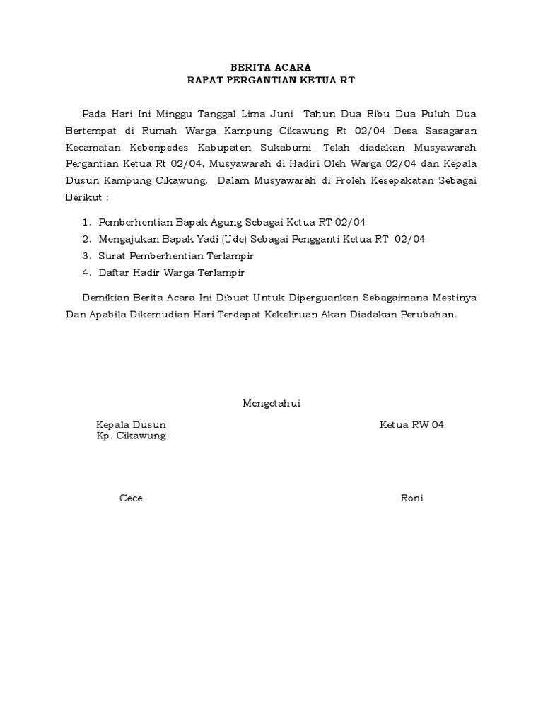 Berita Acara Pergantian RT | PDF