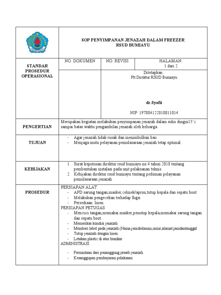 SOP Penyimpanan Jenazah di Freezer | PDF | Sains & Matematika