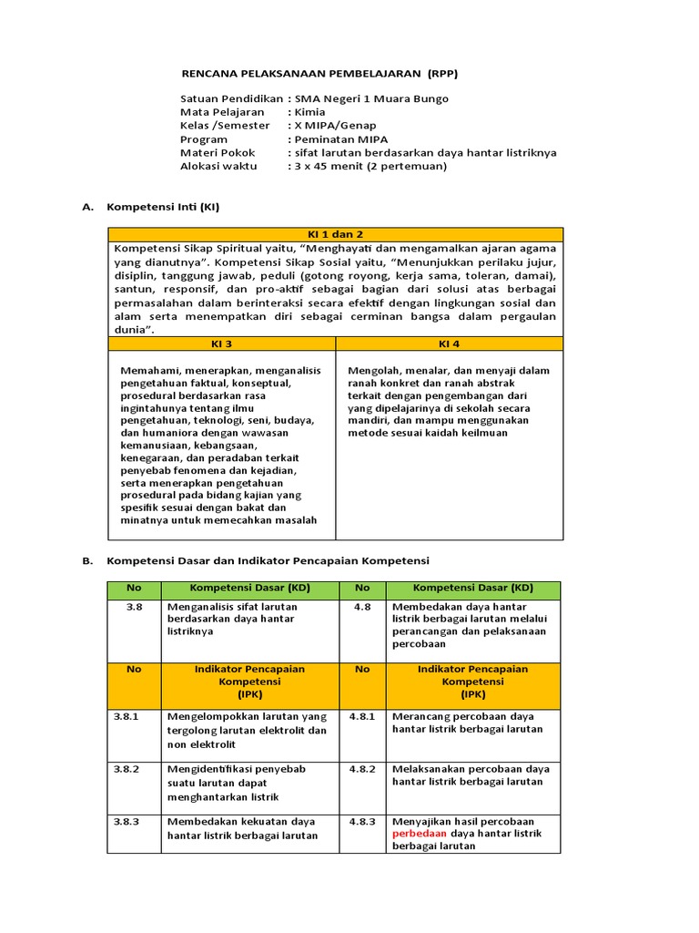 RPP MODEL Kimia - 3.8 Larutan Elektrolit Contoh | PDF