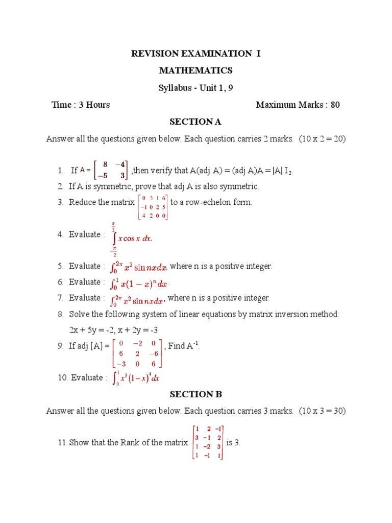 Revision Examination - I (Maths) | PDF