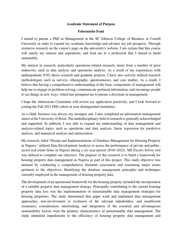 Academic Statement Of Purpose Cornell Pdf
