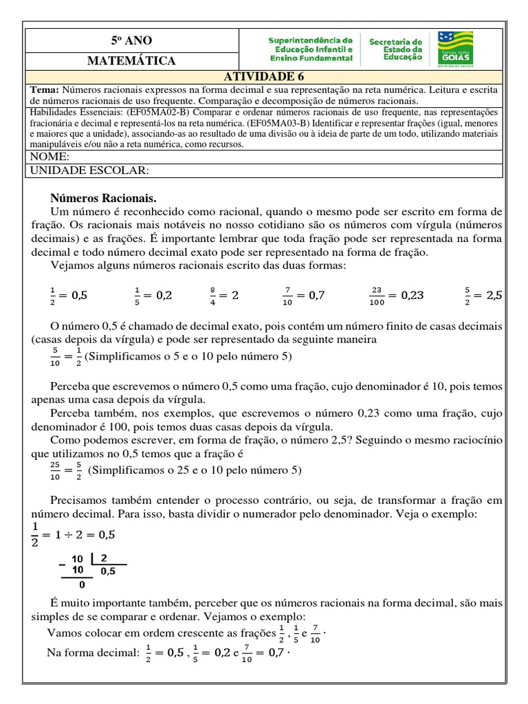 Atividade 6 Matematica Numeros Racionais Na Forma Decimal 5o Ano | PDF | Número racional | Decimal