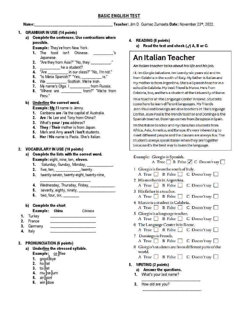 Basic English Test - 23-11-22 | PDF | English Language | Cognition