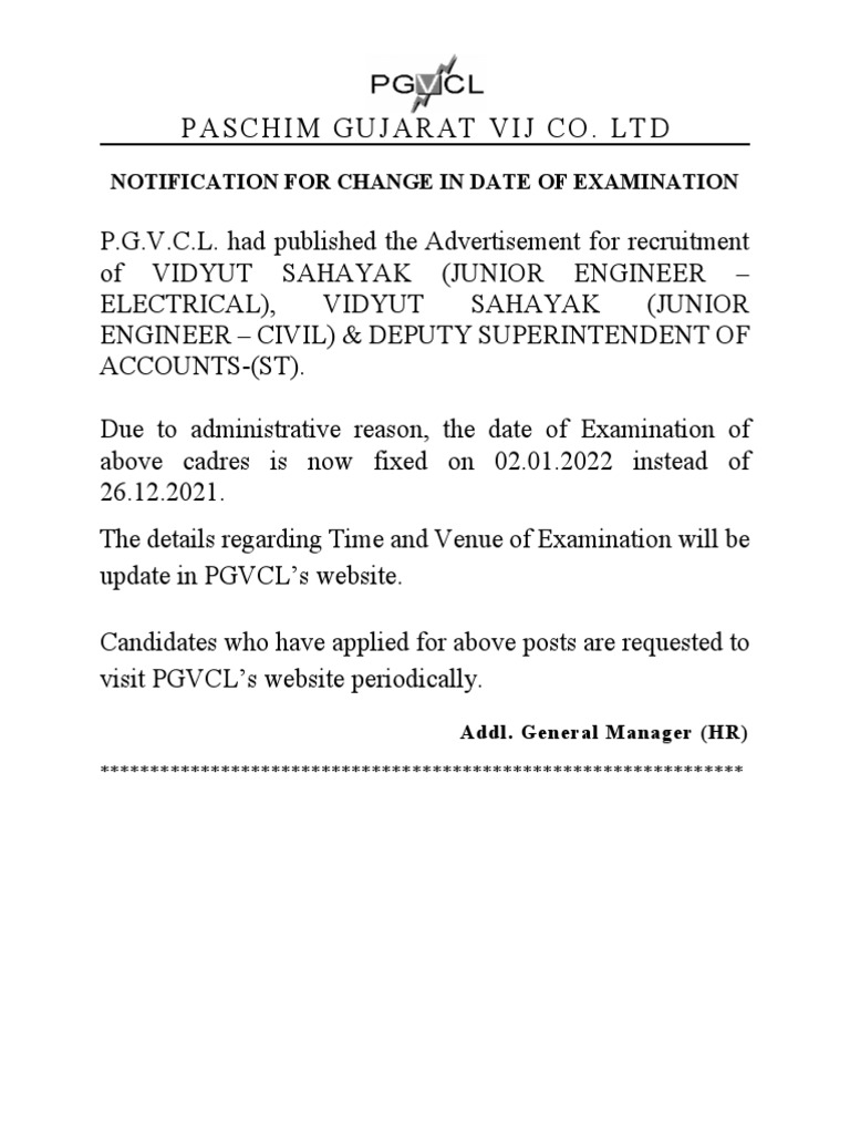 Revised Notification Examination JE ELE CIVIL DYSA PGVCL Website | PDF