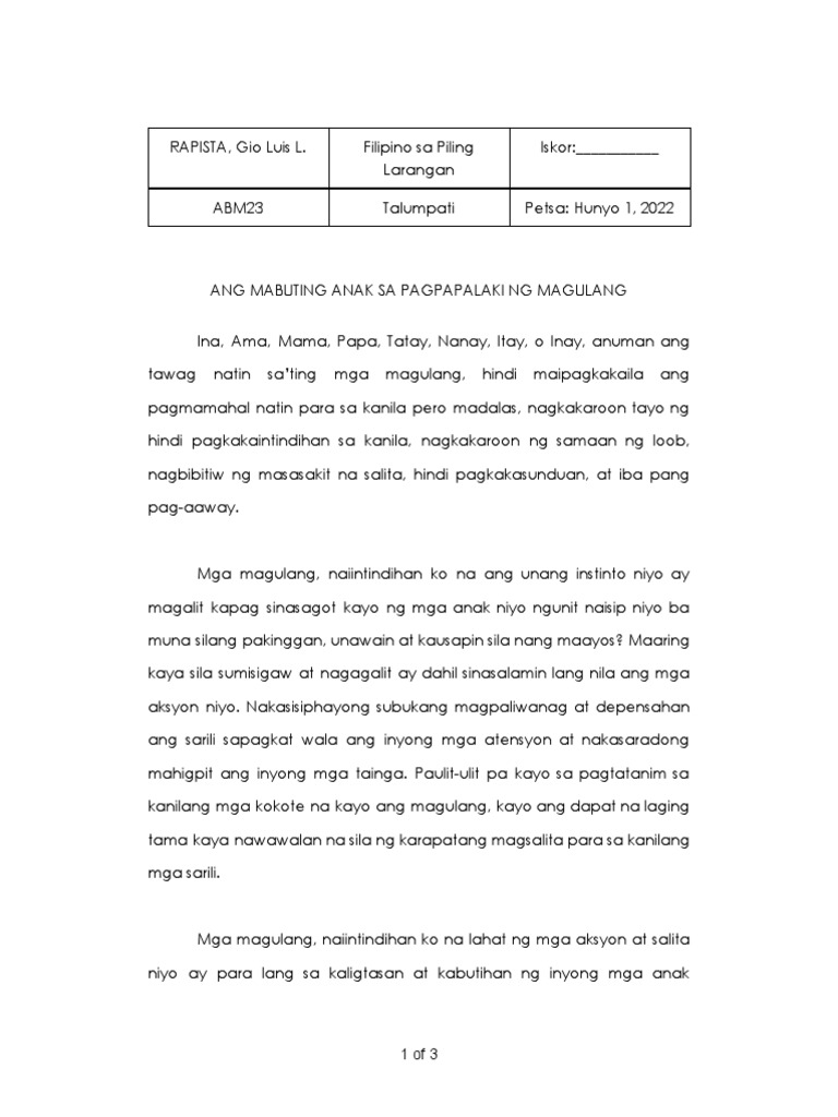 Talumpati Ang Mabuting Anak Sa Pagpapalaki NG Magulang | PDF