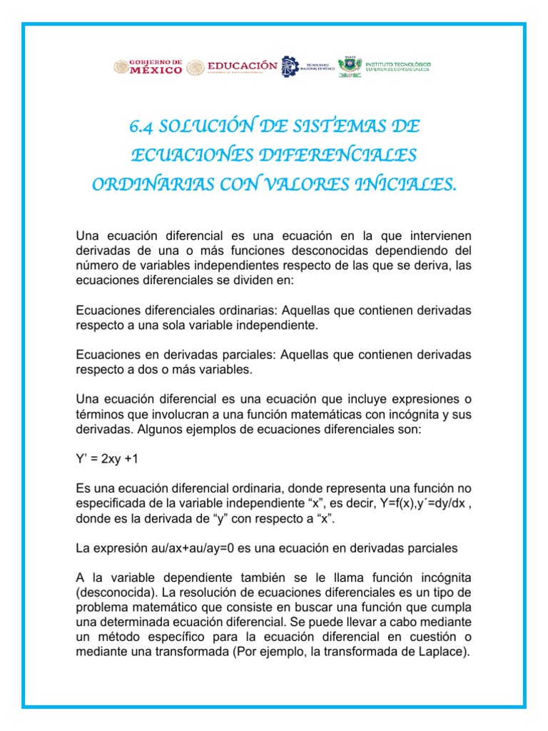 6.4 Solución de Sistemas de Ecuaciones Diferenciales Ordinarias Con ...