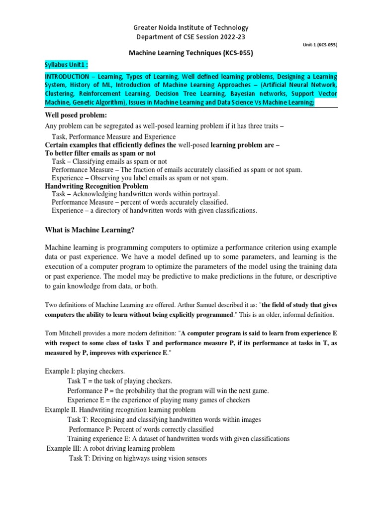 ML Unit 1-Notes | PDF