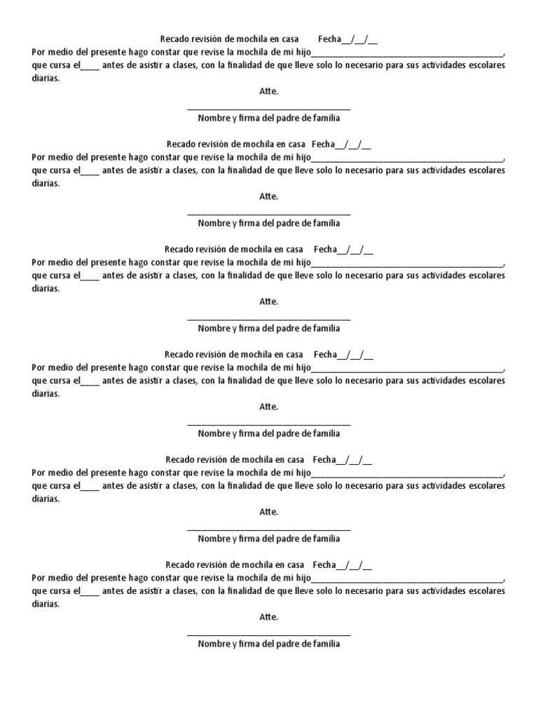 Recado de revisión de mochila escolar | PDF | Salud y bienestar