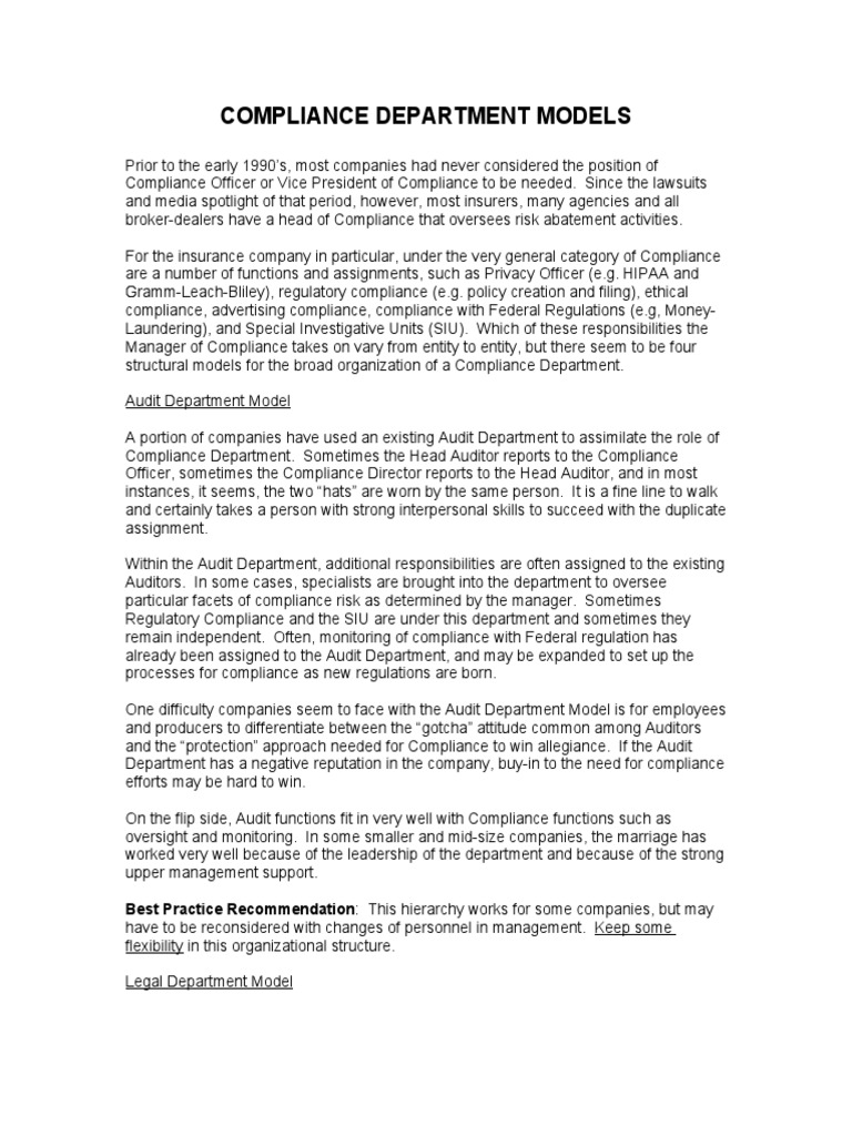 Compliance Department Models | PDF | Regulatory Compliance | Audit