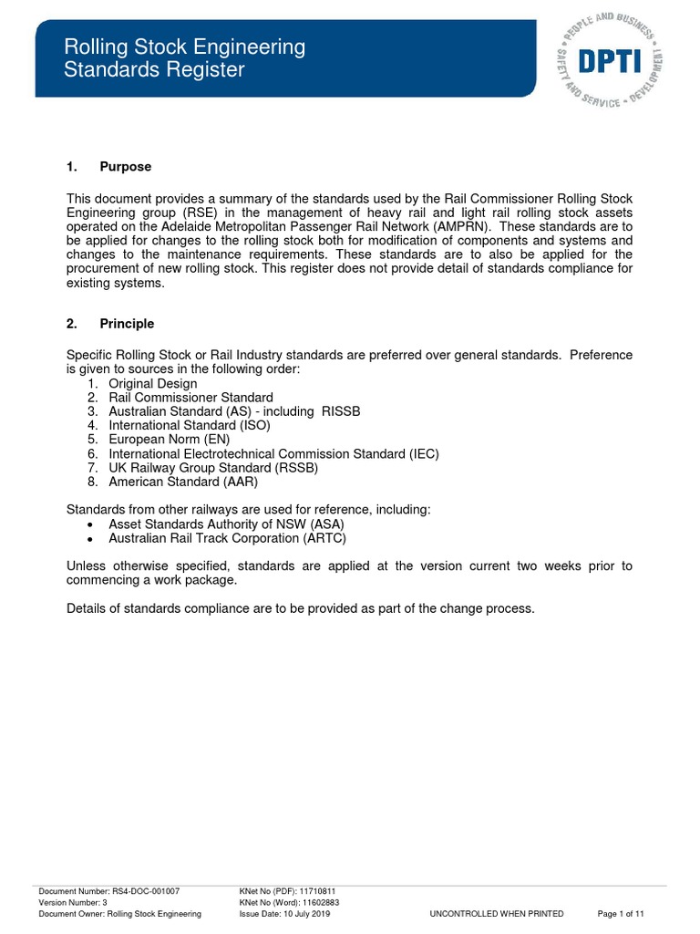 Rolling Stock Engineering Standards Register | PDF | Rail Transport ...