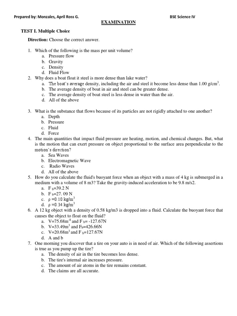 EXAMINATION | PDF | Buoyancy | Pressure