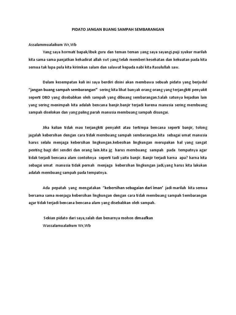 Pidato Jangan Buang Sampah Sembarangan | PDF