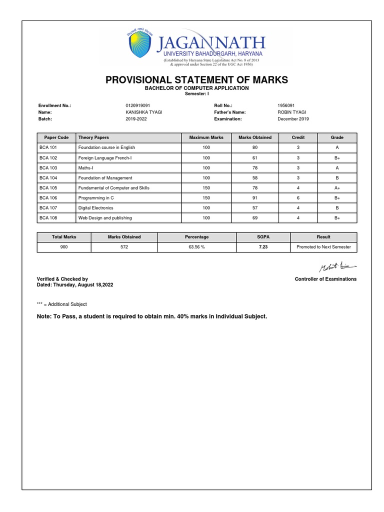 Provisional Statement of Marks: Bachelor of Computer Application | PDF ...