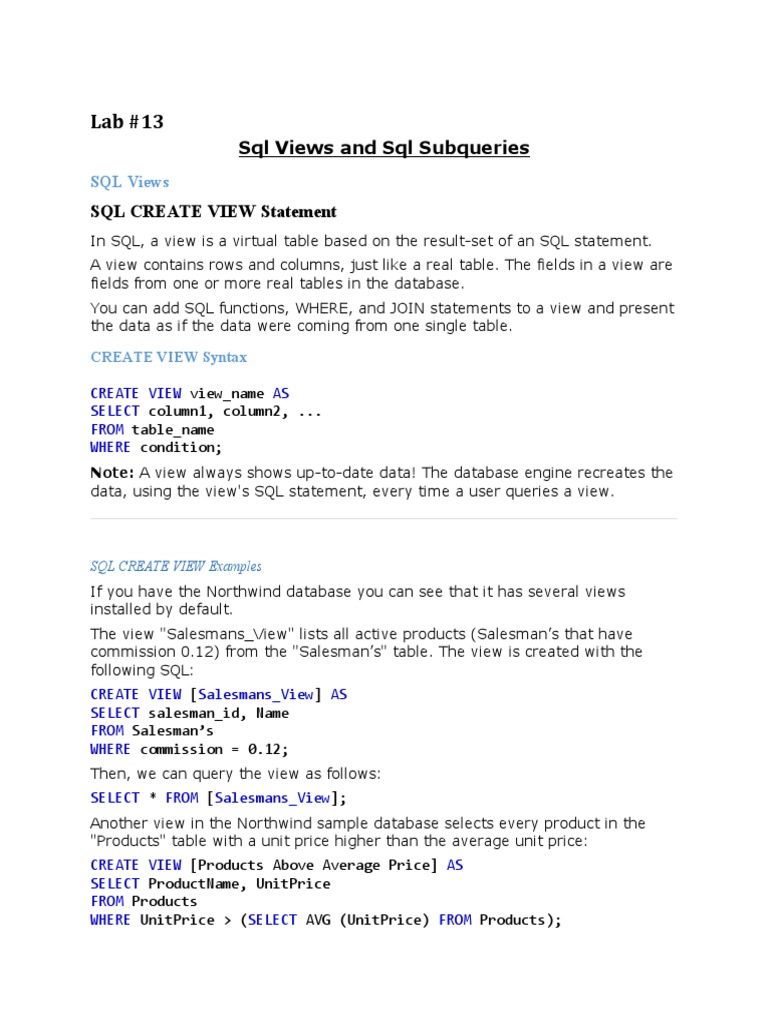 SQL Views and SQL Subqueries Lab | PDF | Databases | Information Management