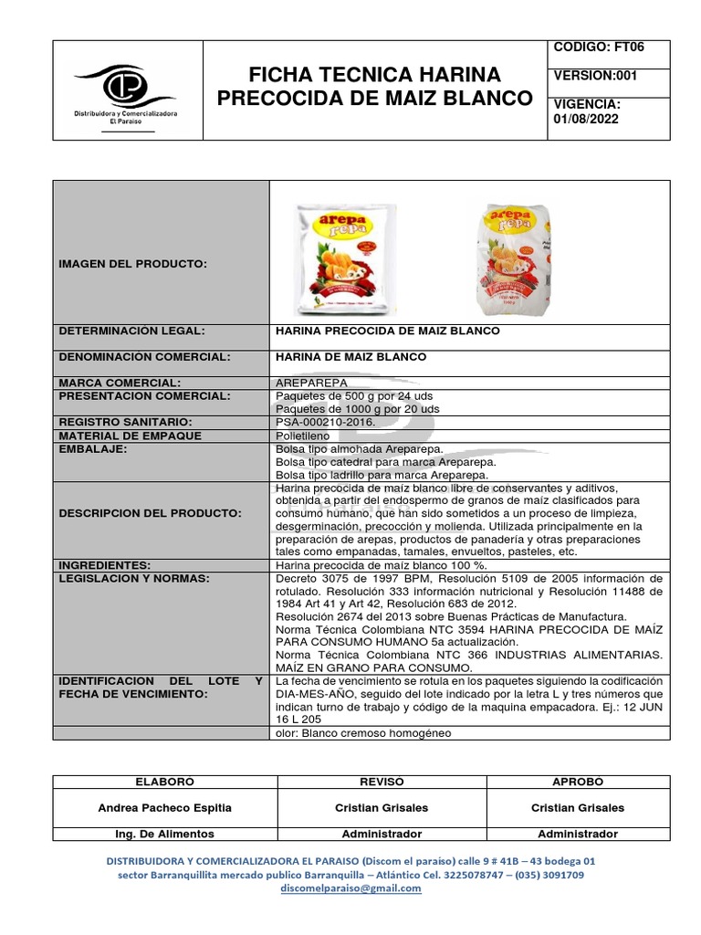 Ft06 Ficha Tecnica Harina Precocida de Maiz Blanco Areparepa | PDF