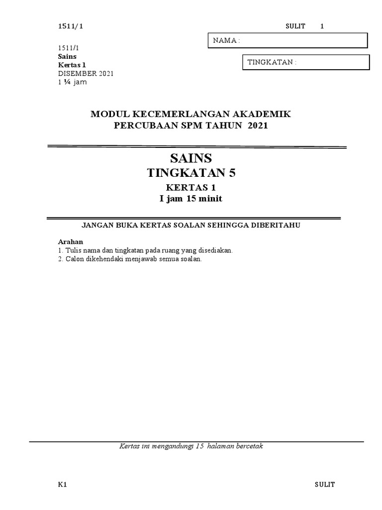 Kertas Trial Sains Pahang K1 2021 | PDF