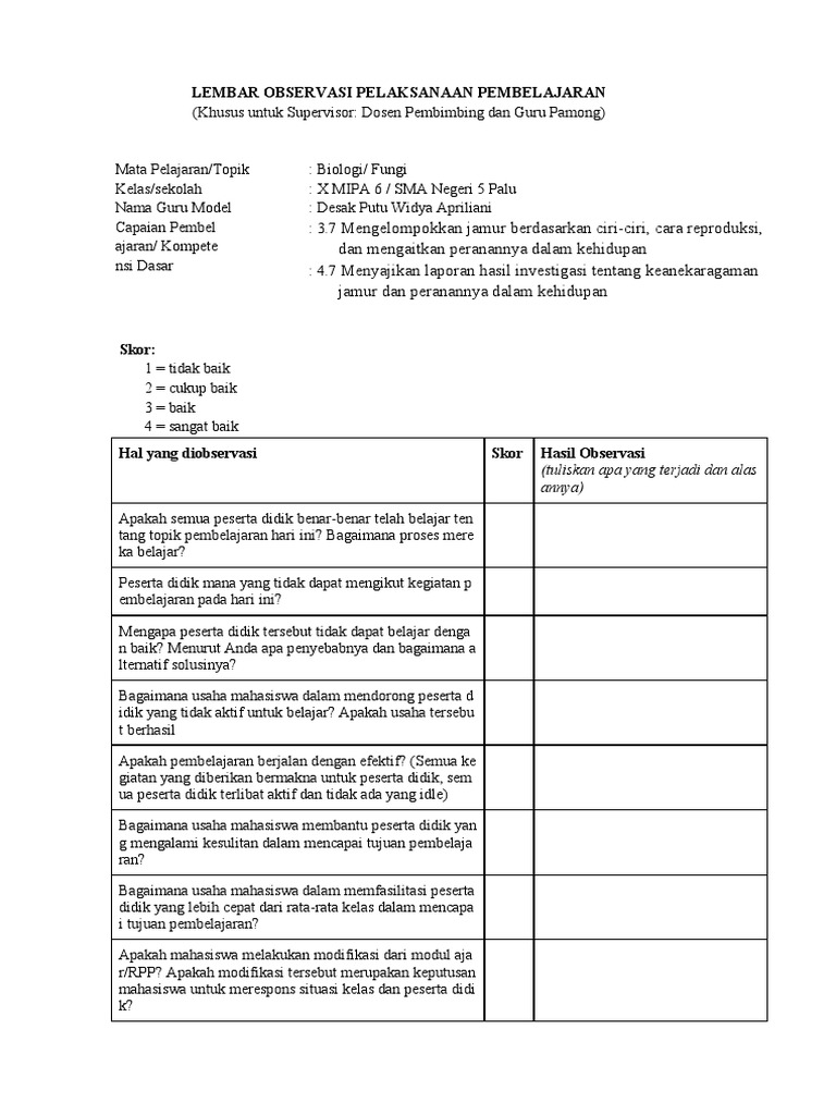 Lampiran 7 - Format Lembar Observasi Pelaksanaan Pembelajaran Untuk Supervisor | PDF
