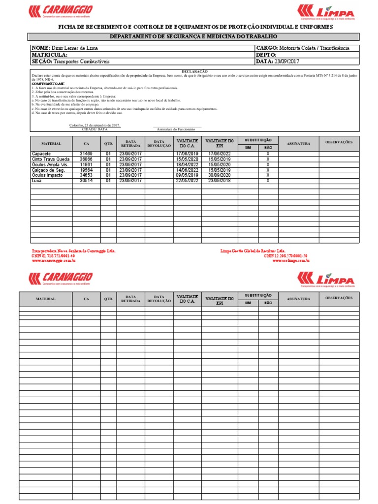 Ficha de Recebimento e Controle de EPI e Uniformes | PDF