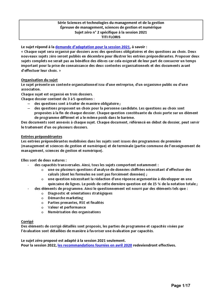 Sujet zéro Bac STMG 2021 : Titi Floris | PDF | Business | Revenu brut