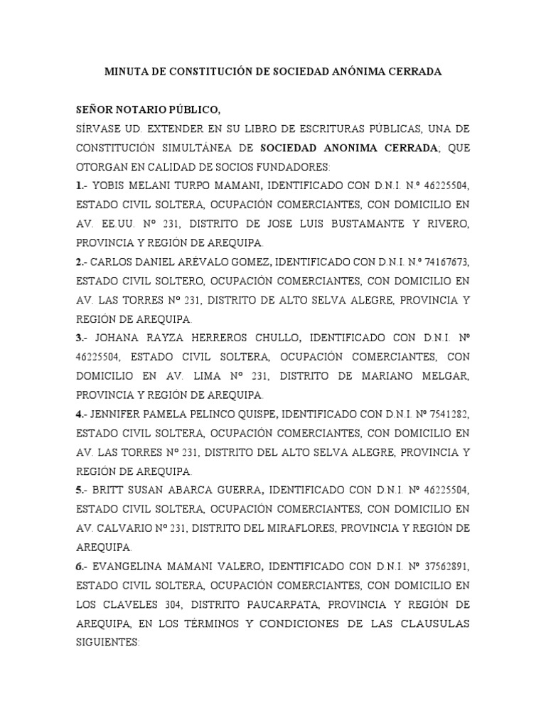 A3 Minuta de Constitución de Sociedad Anónima Cerrada Comercial | PDF