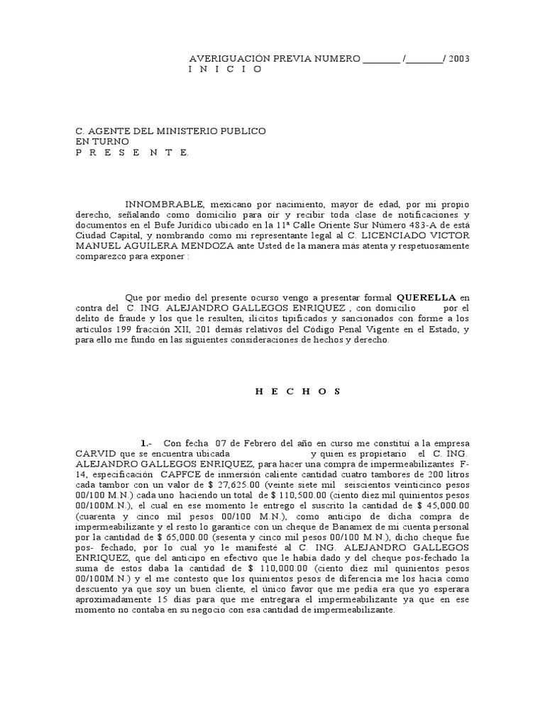 Querella Por El Delito de Fraude Contra Alejandro Enriquez Gallejo | PDF | Queja | Justicia