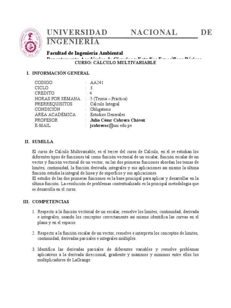 Silabo Calculo Multivariable 2020 - 1 POR SEMANAS | PDF | Integral ...