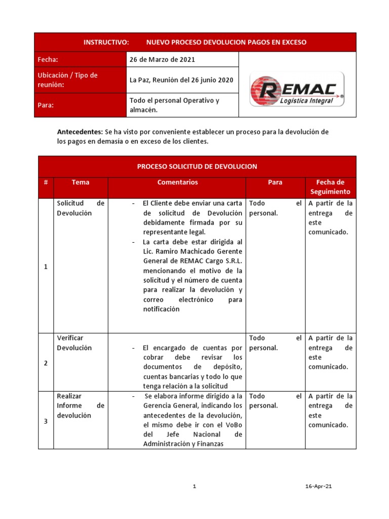 Instructivo Proceso de Devolucion Pagos en Exceso | PDF