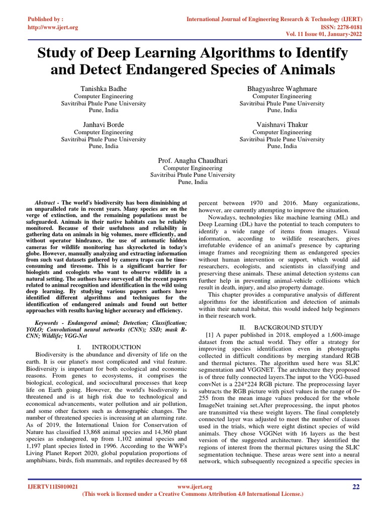 Study of Deep Learning Algorithms To Identify and Detect Endangered Species of Animals | PDF ...