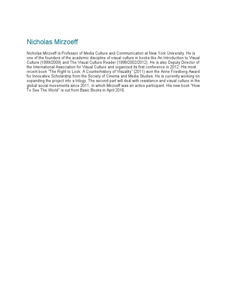 Nicholas Mirzoeff: Visual Culture Expert | PDF