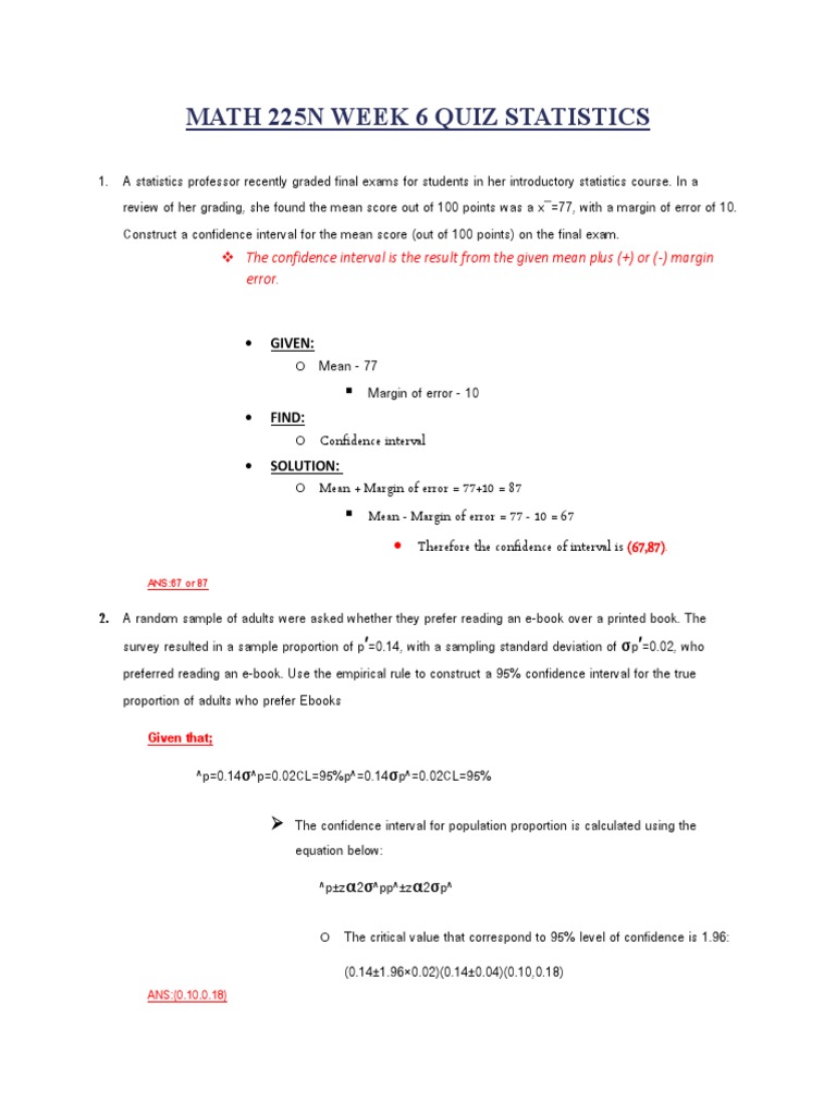Math 225N Week 6 Quiz Statistics | PDF