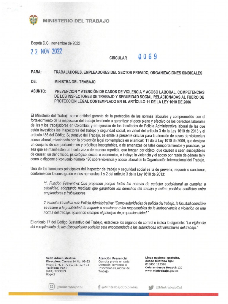 Circular-069-De-2022 Min Trabajo Sobre Ley 1010 | PDF