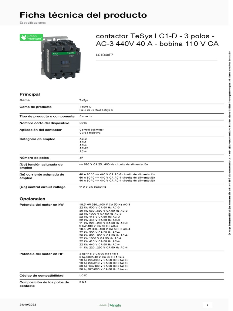 Contactor TeSys LC1-D 40A 3 Polos 110V | PDF | Resistor | Relé