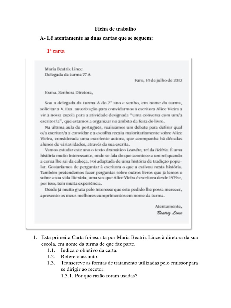 Ficha de Trabalho - A Carta | PDF