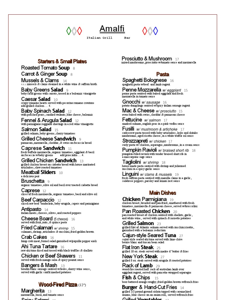 Amalfi Menu | PDF | Tomato Sauce | Salad