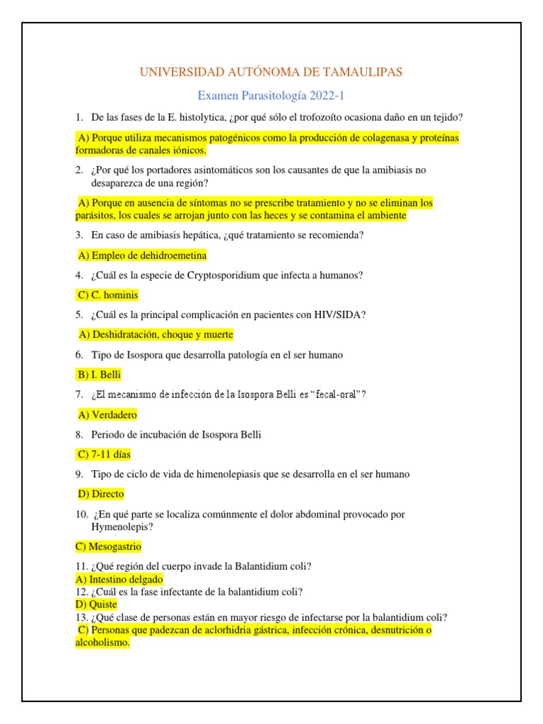 Examen Parasitologia | Descargar gratis PDF | Enfermedades y trastornos | Ciencias de la Salud