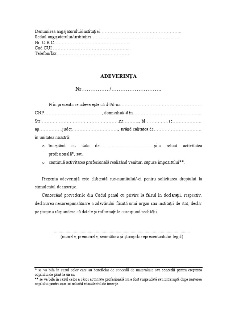 Adeverinta Angajator Reluare Activitate | PDF