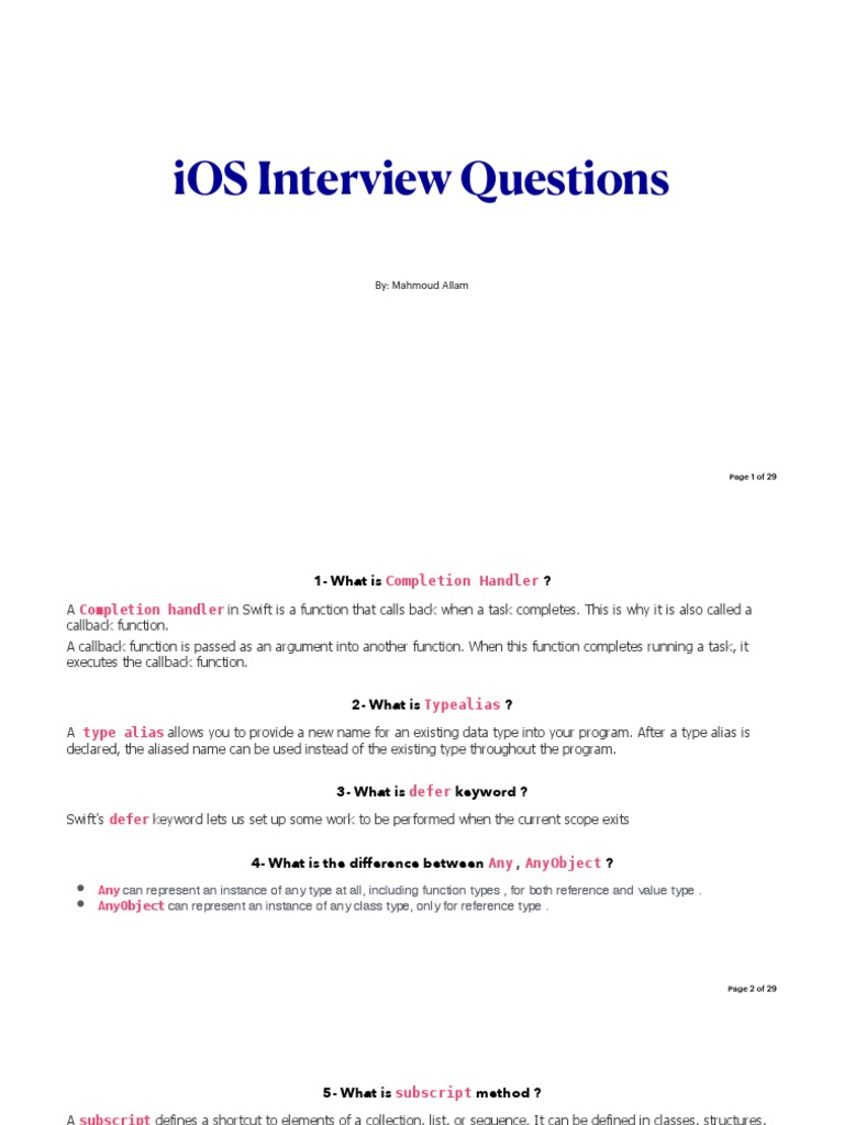 Ios Interview Questions Answers Pdf Swift Programming Language Class Computer Programming 8741